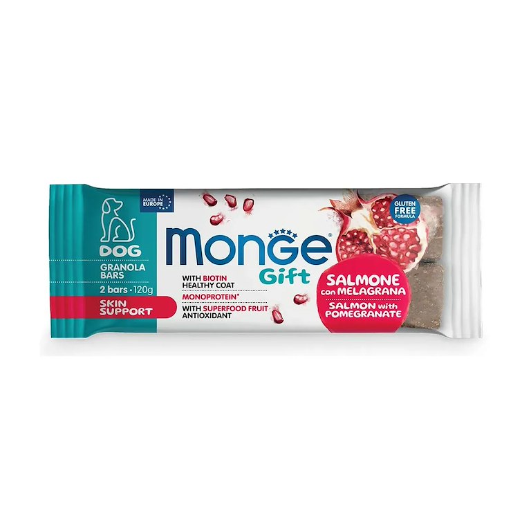Monge Gift granola pločice za odrasle pse, losos i nar — koža i dlaka