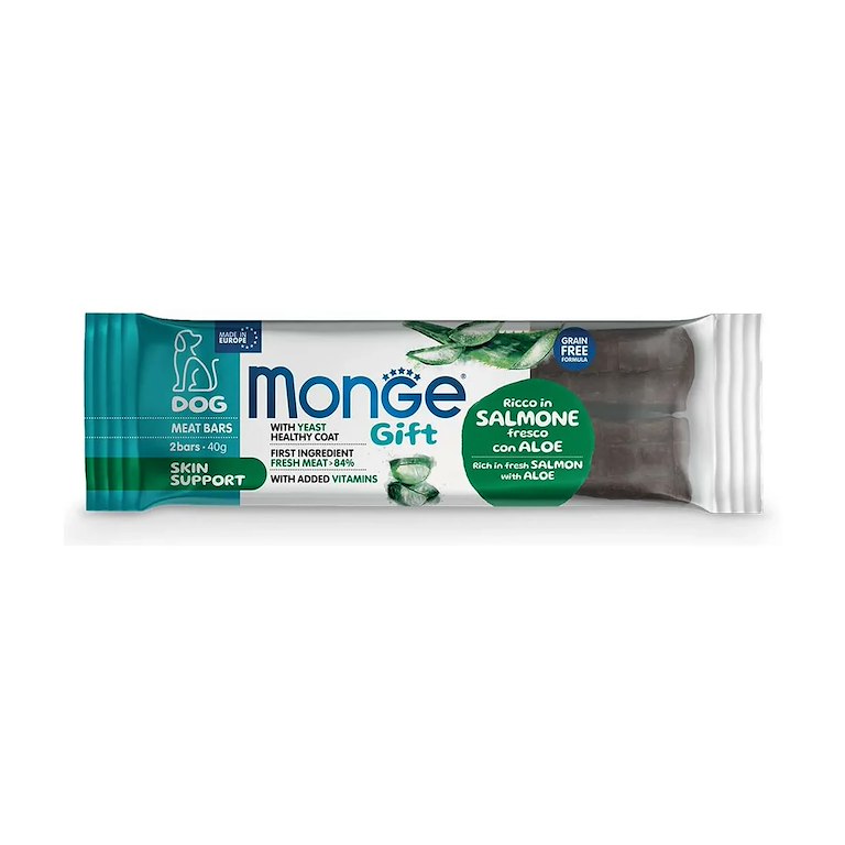 Monge Gift mesne štanglice za odrasle pse, losos i aloe vera — koža i dlaka