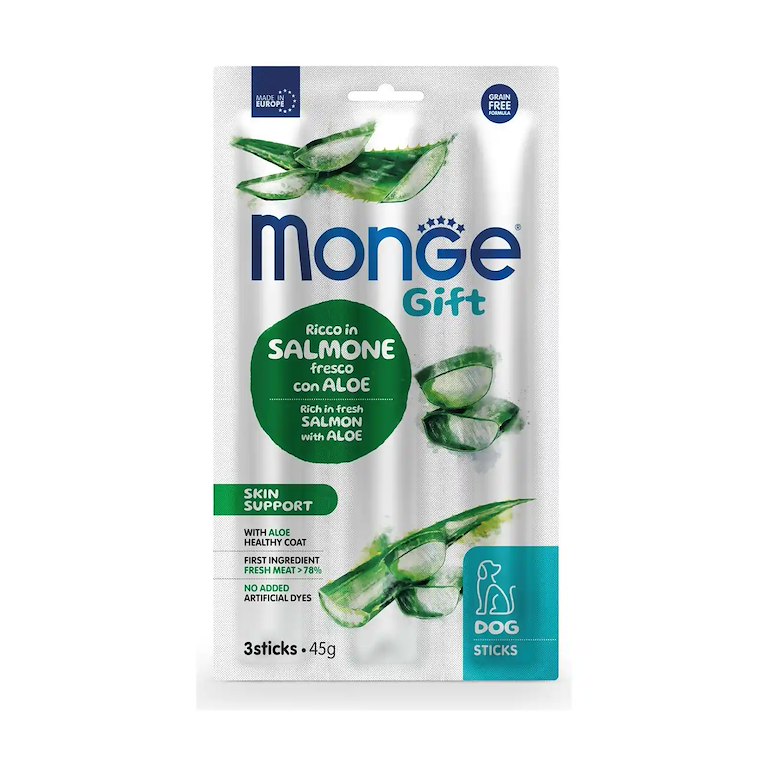 Monge Gift riblji štapići za odrasle pse, losos i aloe vera — koža i dlaka