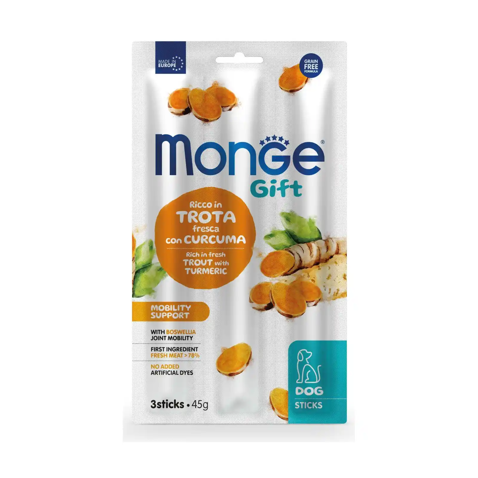 Monge Gift riblji štapići za odrasle pse, pastrmka — zglobovi