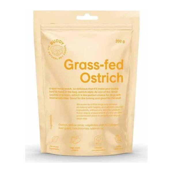 Buddy Grass Fed Ostrich poluvlažne poslastice za pse, nojevo meso i kupina — bez žitarica