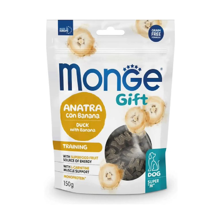 Monge Gift mesne pločice za odrasle pse, pačetina i banana — trening