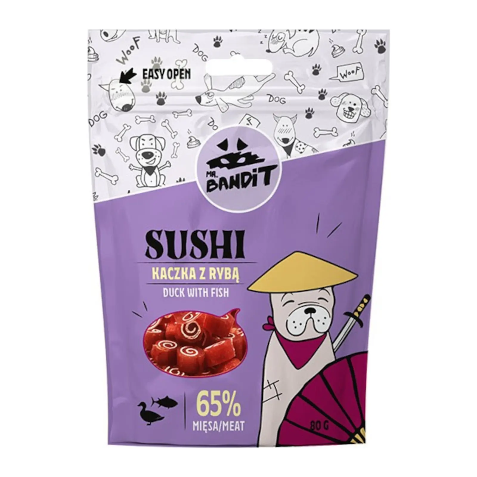 Mr. Bandit Sushi sušena poslastica za pse, pačetina i riba — razmaženje, 80 g