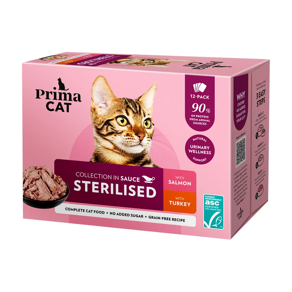 PrimaCat vlažna hrana u kesici za sterilisane mačke, ćuretina i losos, 12 × 85 g