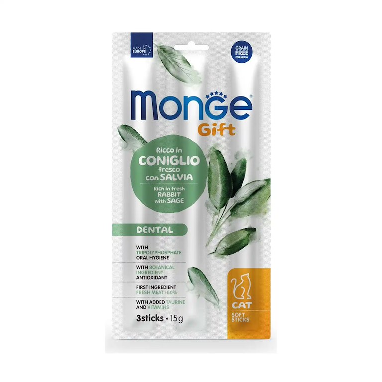 Monge Gift mekani štapići za odrasle mačke, zečetina i žalfija — dentalna nega