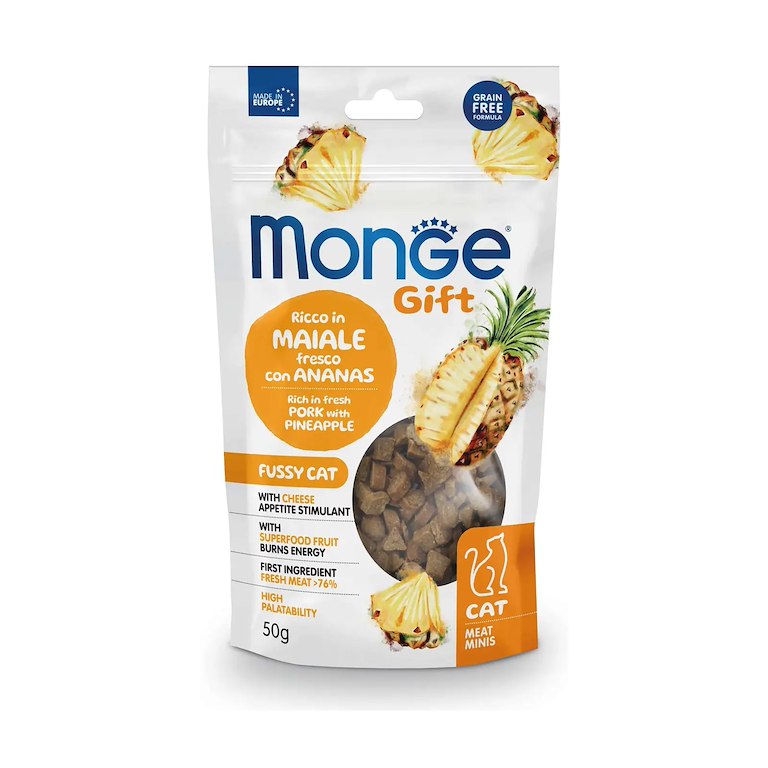 Monge Gift mesni zalogajčići za odrasle mačke, svinjetina i ananas — izbirljivi