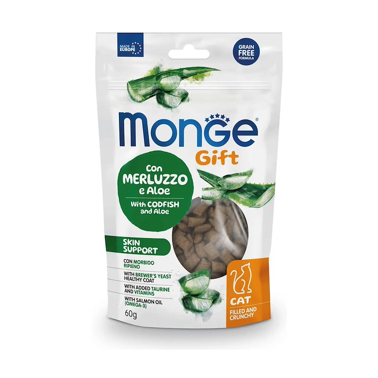 Monge Gift punjeni hrskavi jastučići za odrasle mačke, bakalar i aloe vera — koža i dlaka