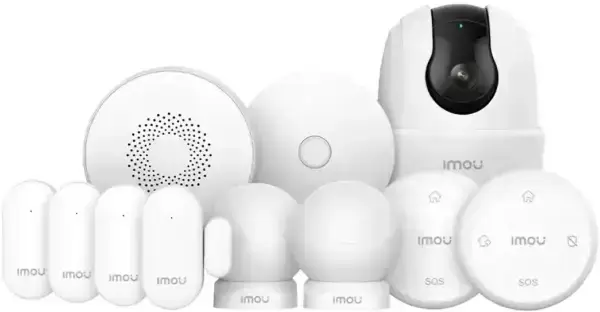 Imou Home security system, ZG2 gateway, ZE1 emergency alarm button, ZD1 door and window sensor, ZP1 motion sensor