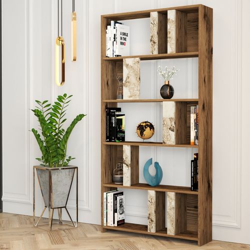 Hanah Home polica za knjige Lima, 90 cm, orah / beli mermer / bela