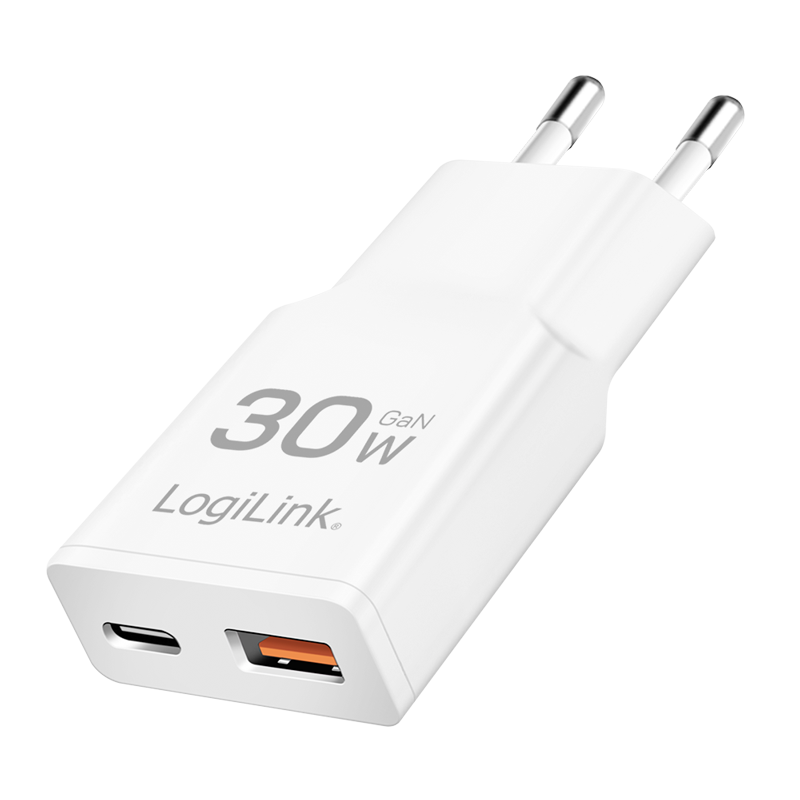 Logilink punjač 2 porta, 1 x USB type c, 1 x USB A, 30W, GaN, slim, bela