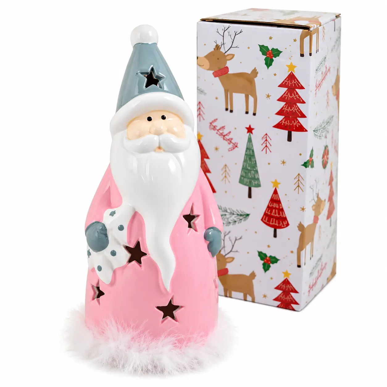 Keramički novogodišnji ukras Deda Mraz sa LED svetlom, 18 cm, Roze