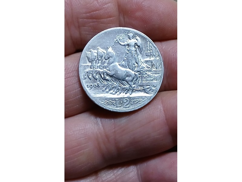 KO 357 - Italija - 2 lire 1908 - srebro 10 g - opis -