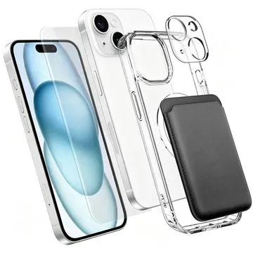 IPHONE 15 4-IN-1 MAGSAFE PROTECTION SET WITH CARD HOLDER - CLEAR / BLACK