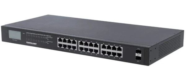 INT 561242 Network PoE Switch, 24-Port, 370W PoE Budget, 2 SFP Ports, Gigabit