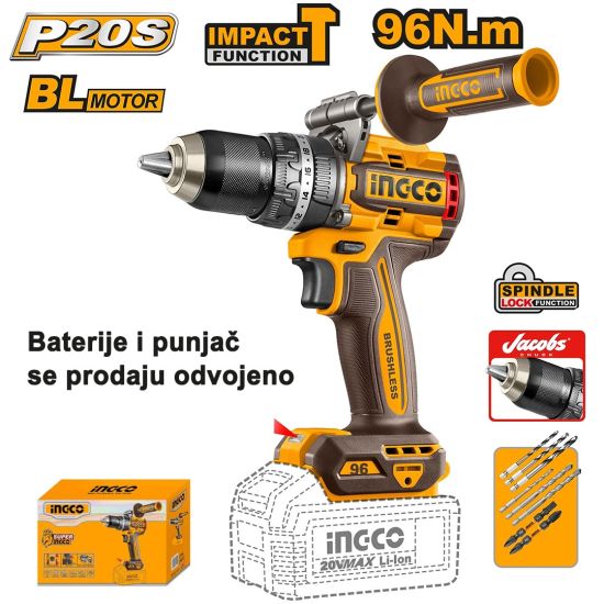 Akumulatorska vibraciona bušilica/odvrtač 96Nm Solo; bez baterije i punjača Super INGCO CIDLI209687