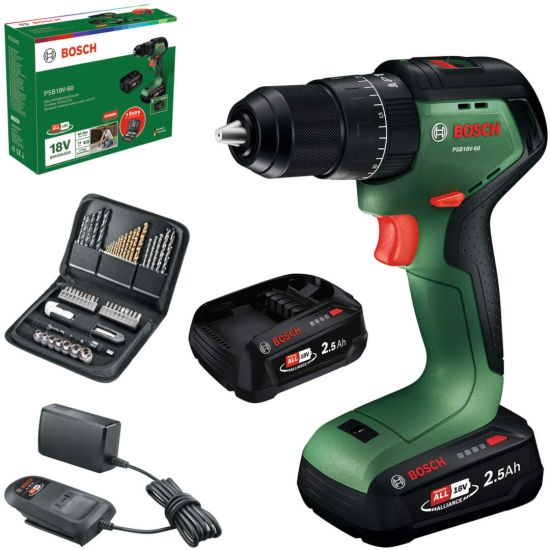 Akumulatorska vibraciona bušilica - odvrtač Bosch PSB 18V-60; 2x2,5Ah + 51-delni set pribora (06039D7304)
