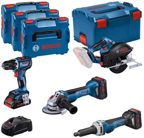 Set 4 akumulatorska alata Bosch 18V, bušilica, ugaona brusilica, kružna testera, ravna/čeona brusilica (0615990N3A)
