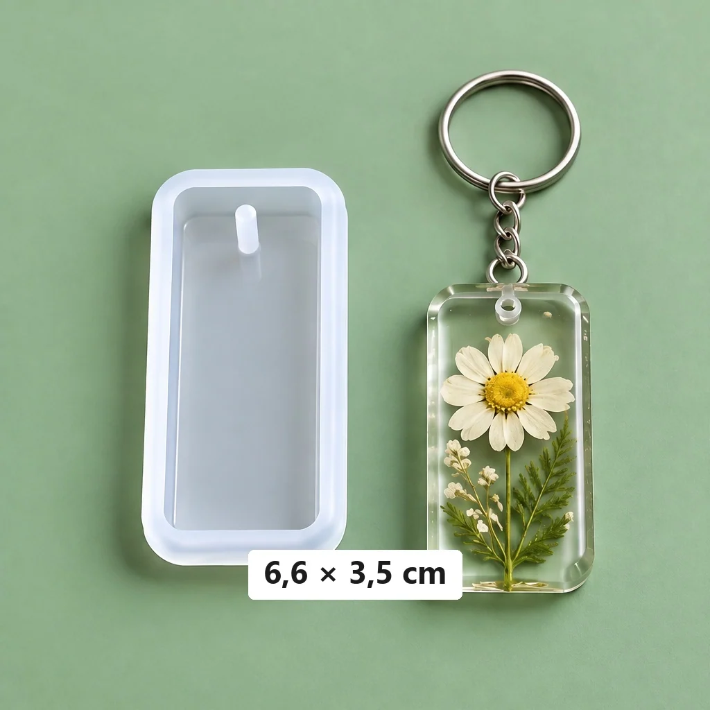 Silikonski kalup za priveske od epoksida sa alkama za ključeve – pravougaoni kalup 6,6 × 3,5 cm + 3 alke za ključeve