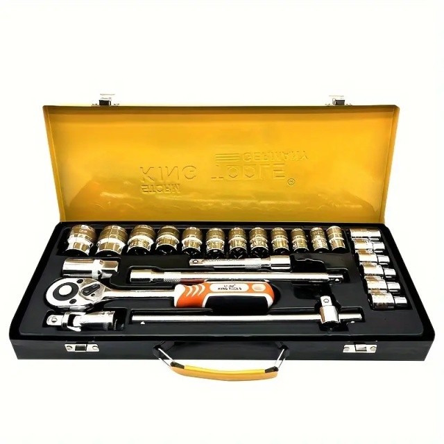 KING TOOLS Profesionalni set od 24 dela sa 1/2 račnom, nastavcima i šestougaonim nasadnim ključevima od kaljenog Hrom-Vanadijum čelika industrijskog kvaliteta u metalnom koferu