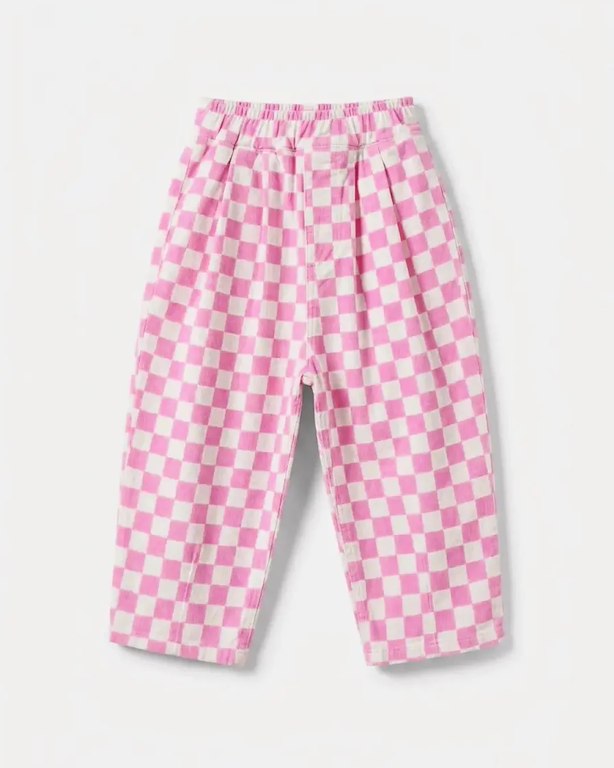 Balon džins pantalone za devojčice Pink Check