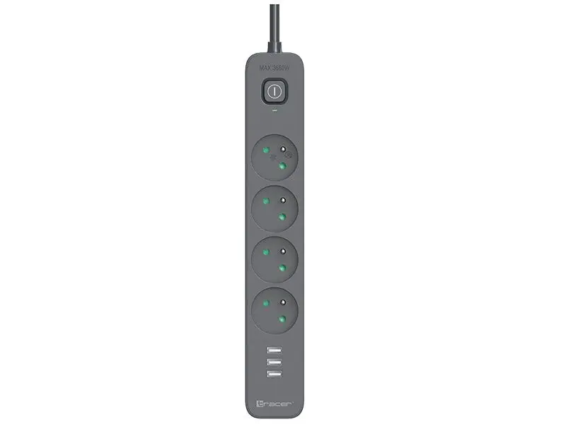 Tracer Produžni kabl TRALIS47685, Sa prenaponskom zaštitom i prekidačem, 3 USB porta, 4 utičnice, 5 m, Sivi