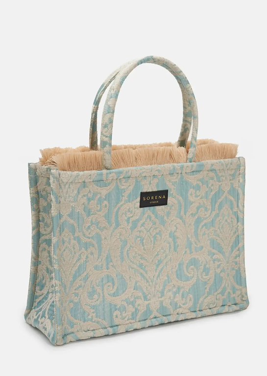 Sorena Handmade Velika torba Tote Dioni, Svetlo plavi dezen, krem