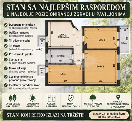 Trosoban stan u srcu Paviljona -Park sa obe strane