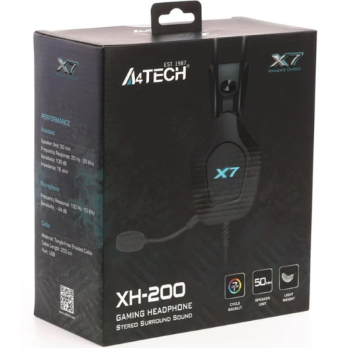 A4-XH-200 A4TECH X7 Gejmerske Slusalice sa Mikrofonom, Surround, 50MM/16OHM, USB, LED, Black