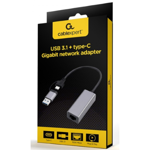 A-USB3AC-LAN-01 Gembird USB 3.1 + Type-C Gigabit Network Adapter, Space Grey (Alt: A-CMU3-LAN-05)