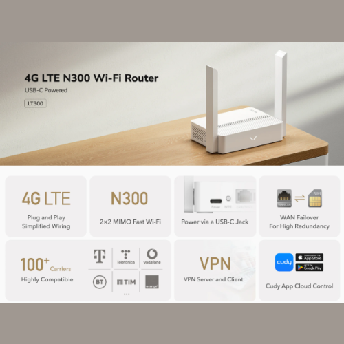 Cudy LT300 4G Lte N300 WI-FI Router,Usb-C Power Input, 2.4GHZ, 300MBPS