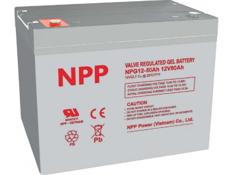 NPP NPG12V-80AH, GEL BATTERY, C20=80AH, T16, 330X171X214X220, 22,6KG, LIGHT GREY