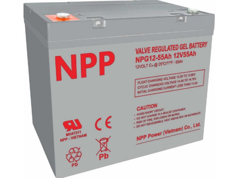 NPP NPG12V-55AH, GEL BATTERY, C20=55AH, T14, 230*138*208*212, 15KG, LIGHT GREY