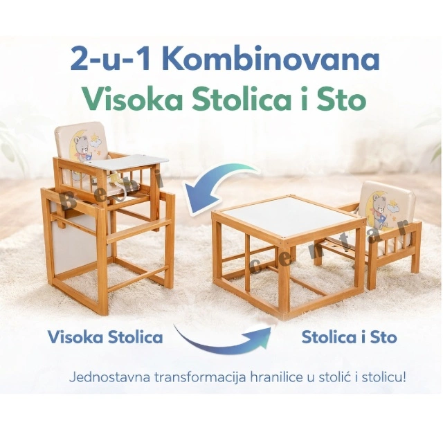 Drvena hranilica za decu set 2 u 1 - visoka stolica i sto sa stolicom za decu