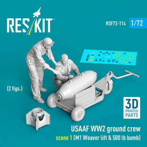 NEW! RES/KIT F72-0114 USAAF WW2 Ground Crew Scene 1 - M1 Weaver Lift & 500 lb Bomb (2 Figures / 3D-Printed)