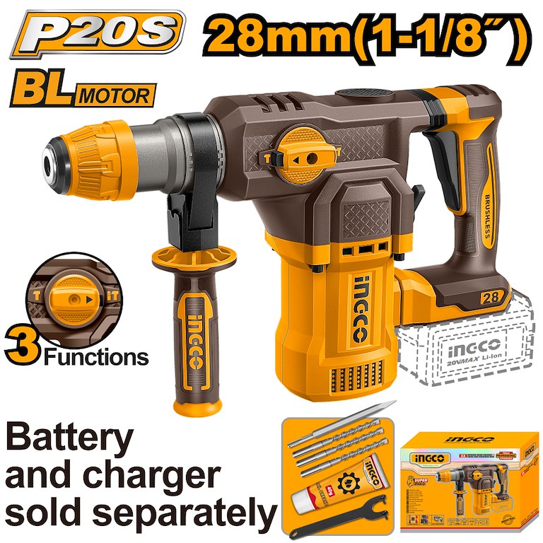 INGCO CRHLI20286 aku hamer SDS-plus 28 mm 4.5 J solo