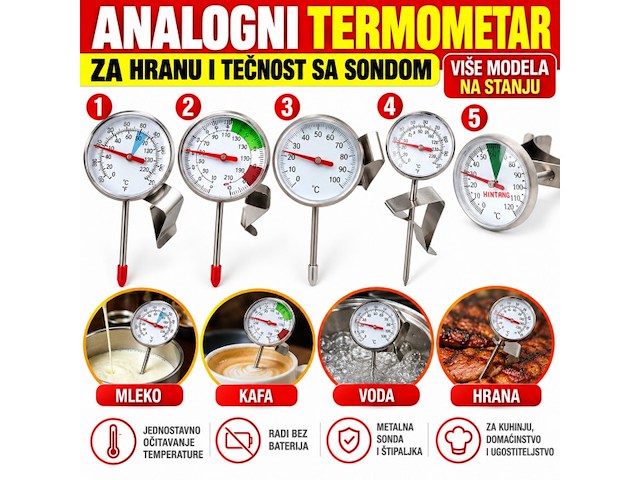 Kuhinjski termometar za hranu i tečnost analogni sa