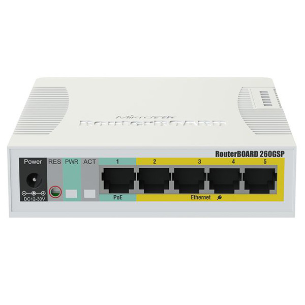 MikroTik RB260GSP / CSS106-1G-4P-1S PoE upravljiv svič sa 5 x Gigabit 10/100/1000Mb/s port (4 Passive PoE, 53W) + SFP slot, MAC filter, VLANs, bandwidth limit, mirroring, web managed, temp. -20°C÷...