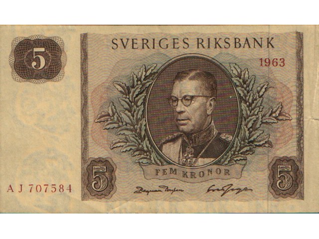 Švedska 5 Kronor 1963. VF/XF