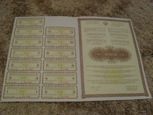 SFRJ OBVEZNICA - 1 000 DINARA-1986