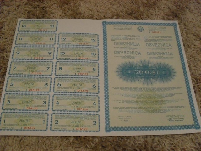 SFRJ OBVEZNICA - 20 000 DINARA - 1986