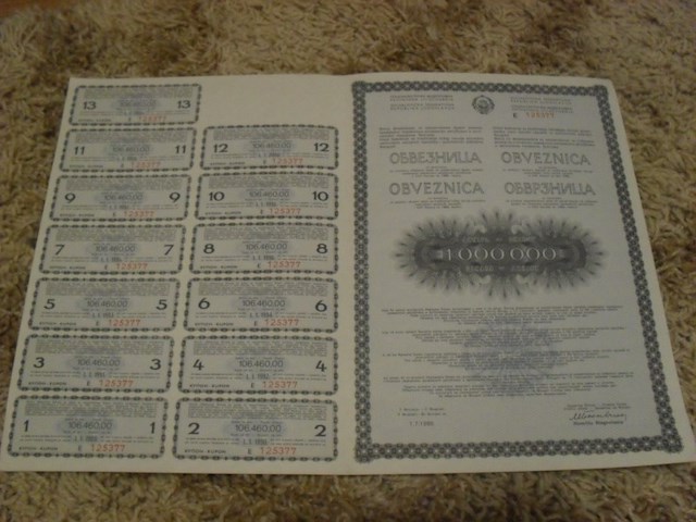 SFRJ OBVEZNICA - 1 000 000 DINARA -1986