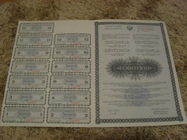 SFRJ OBVEZNICA - 1 000 000 DINARA -1986