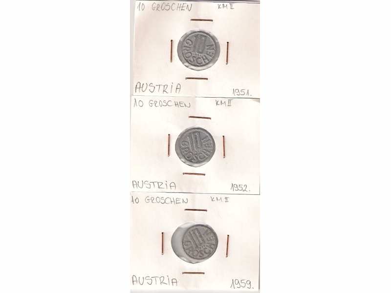 Austrija 10 groschen 1951 - 1952 - 1959.