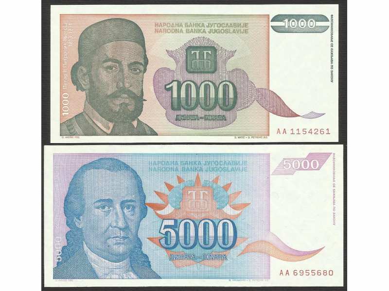 1000 dinara 5000 dinara 1994 unc 2 novcanice