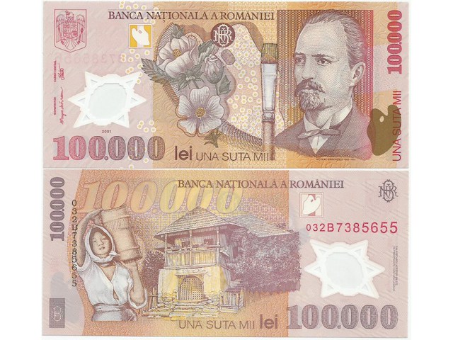 Rumunija 100.000 lei 2001. UNC Polimer