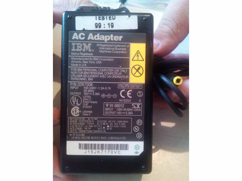 punjac AC Adapter ibm laptop P/N 02K7006Output16V=3.36A