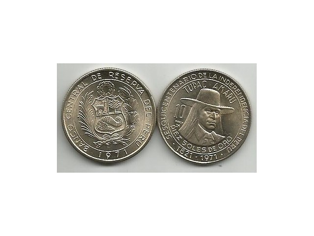 Peru 10 soles de oro 1971. TUPAC AMARU
