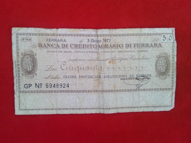 Banca di creditoagrairo di ferrara  50 lire