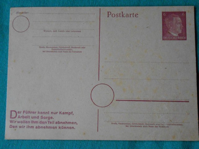 Postkarte Briefmarke Hitler 6 Pfennig Deutsc Reich-Y01