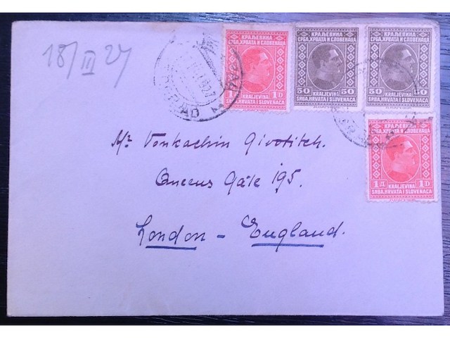 Koverat KJ putovalo pismo za Englesku 1927.